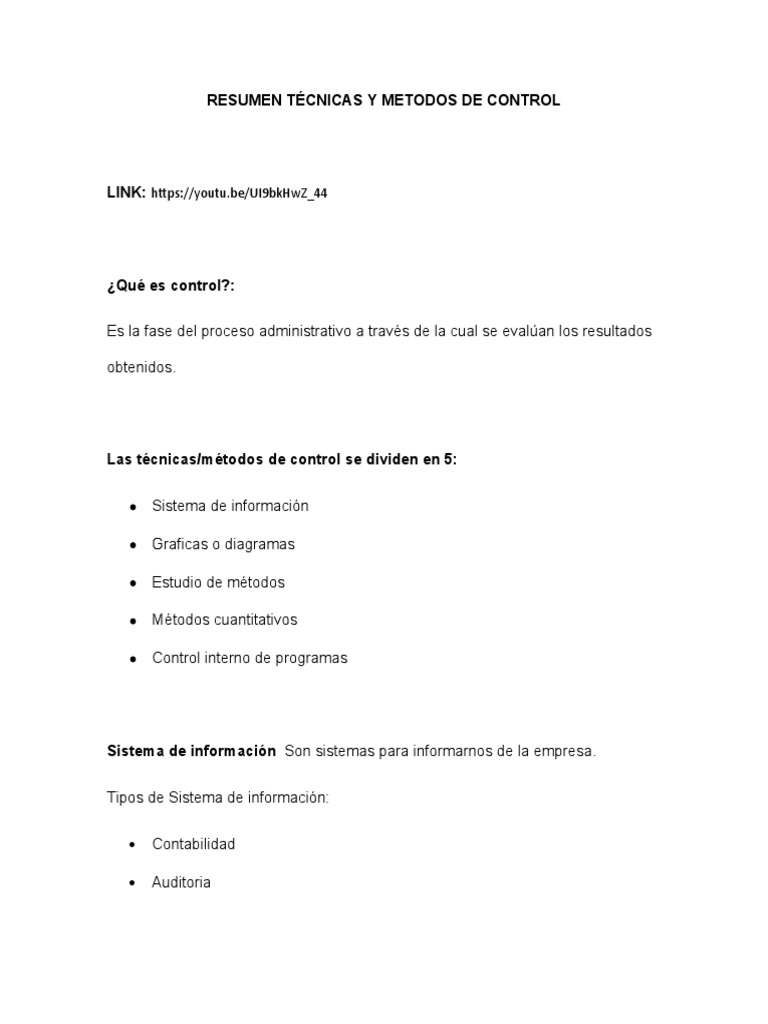 Resumen Técnicas y Metodos de Control | PDF