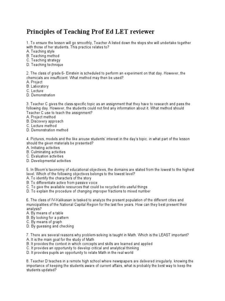 Principles of Teaching Prof Ed LET Reviewer | PDF | Lesson Plan | Teachers