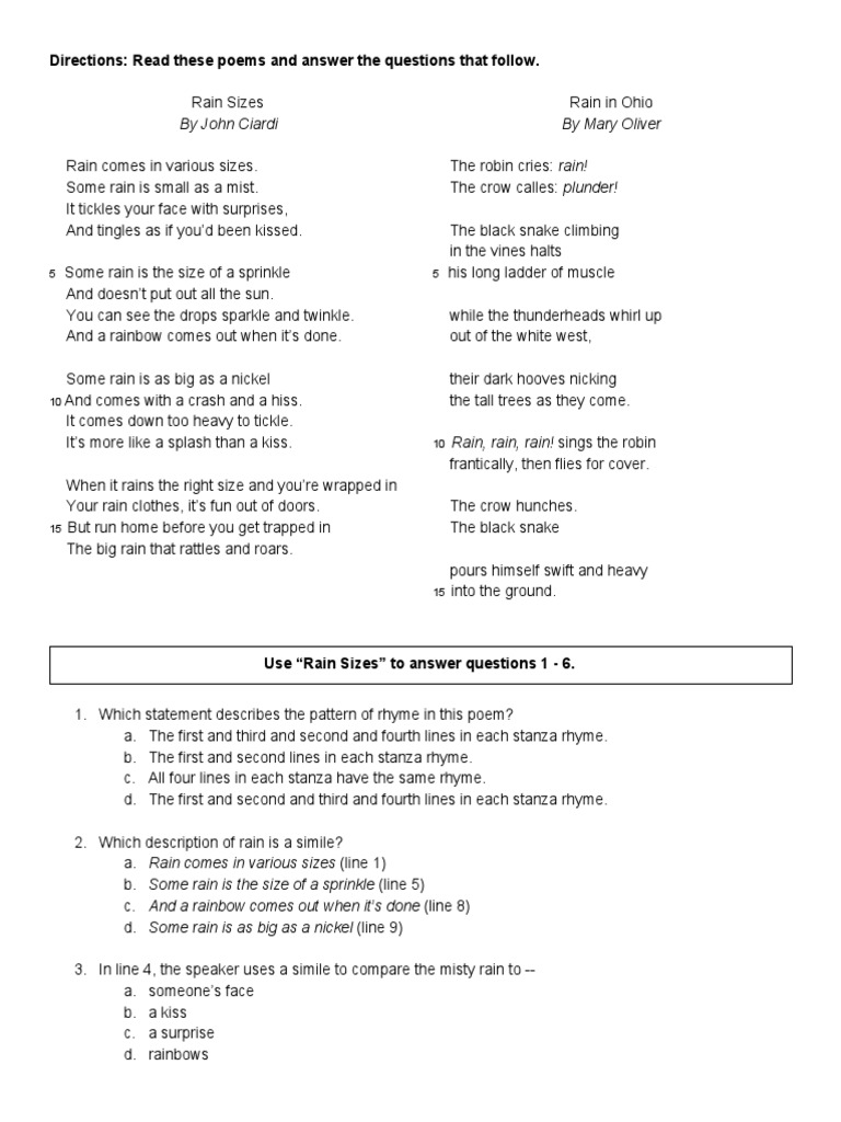By John Ciardi by Mary Oliver: Directions: Read These Poems and Answer ...