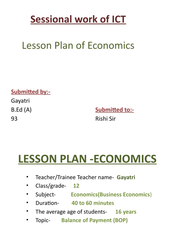 Economics Lesson Plan: Balance of Payment | PDF | Lesson Plan | Teachers