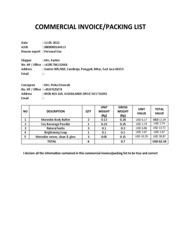 CIPL Shipping Invoice and Packing List | PDF