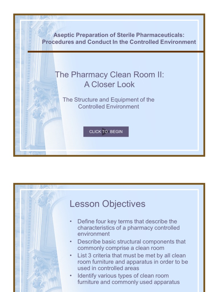 Pharmacy Clean Room Overview | PDF | Pharmaceutical | Chemicals