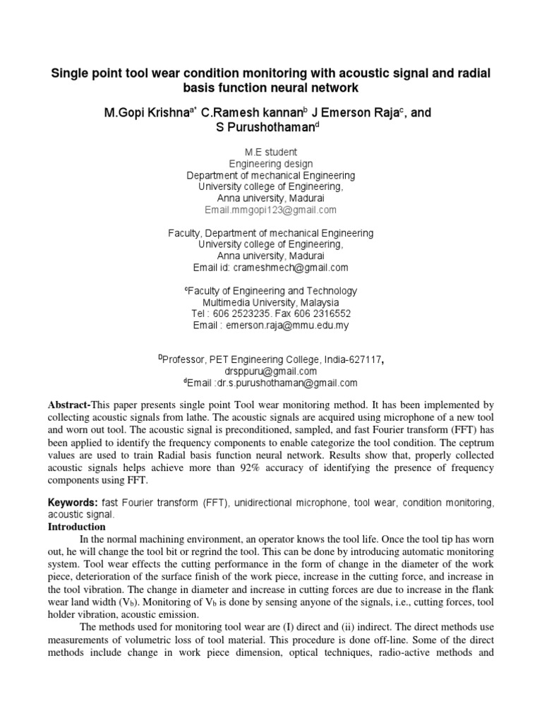 Single Point Tool Wear Condition Monitoring With Acoustic Signal And