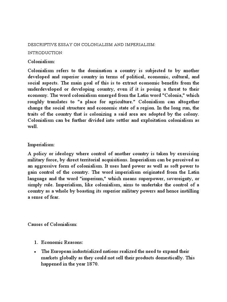 Descriptive Essay On Colonialism and Imperialism | PDF | Imperialism ...