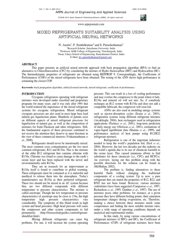 Mixed Refrigerants Suitability Analysis Using Artificial Neural Networks | PDF | Artificial ...