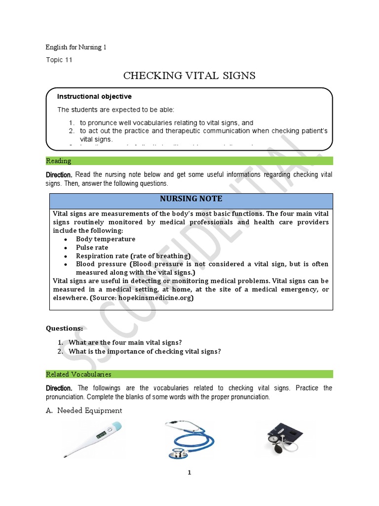 English For Nursing Topic 11 Checking Vital Signs | PDF | Medicine ...