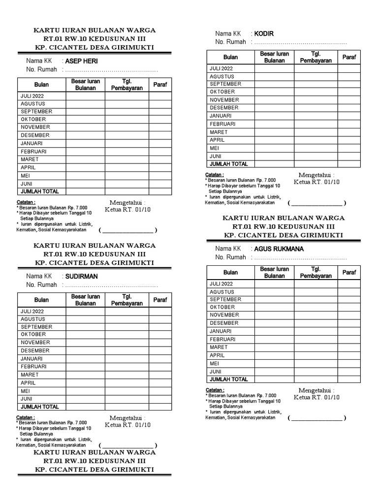 Iuran Bulanan RT | PDF