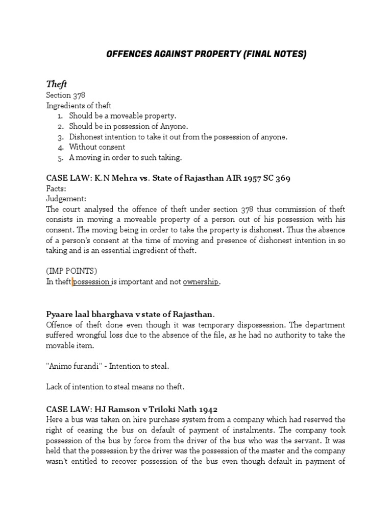 Offences Against Property (Final Notes) | PDF | Theft | Extortion
