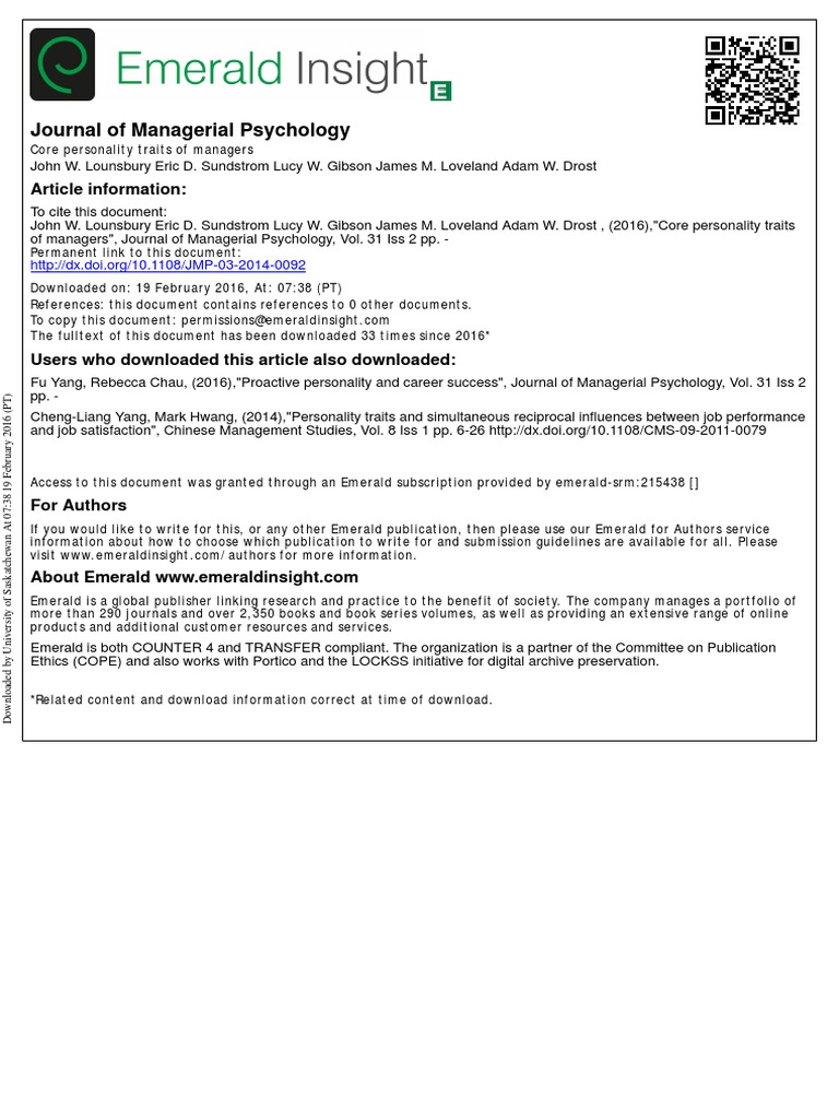 Journal of Managerial Psychology: Article Information | PDF ...