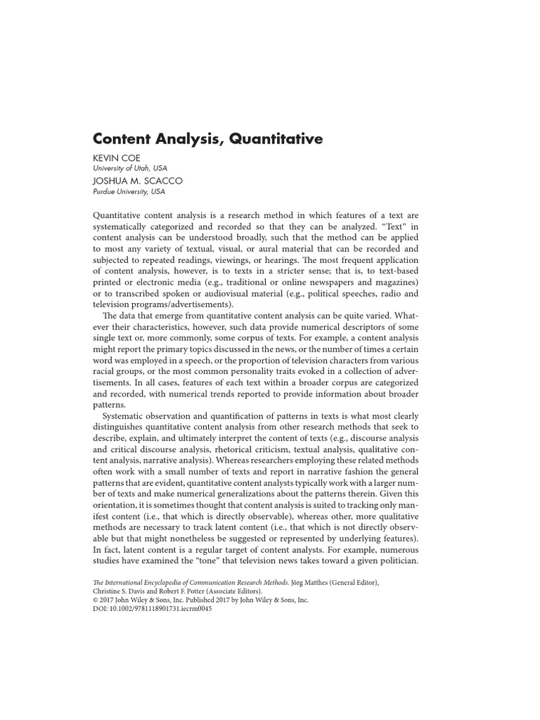 Content Analysis, Quantitative: Kevin Coe Joshua M. Scacco | PDF