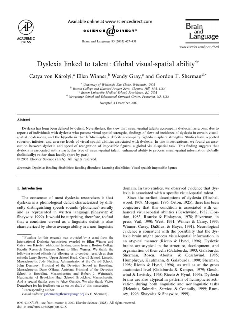 Dyslexia Linked To Talent: Global Visual-Spatial Ability | PDF ...