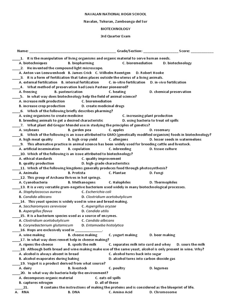 Biotech 3Q Exam 2019 | PDF | Dna | Nucleotides