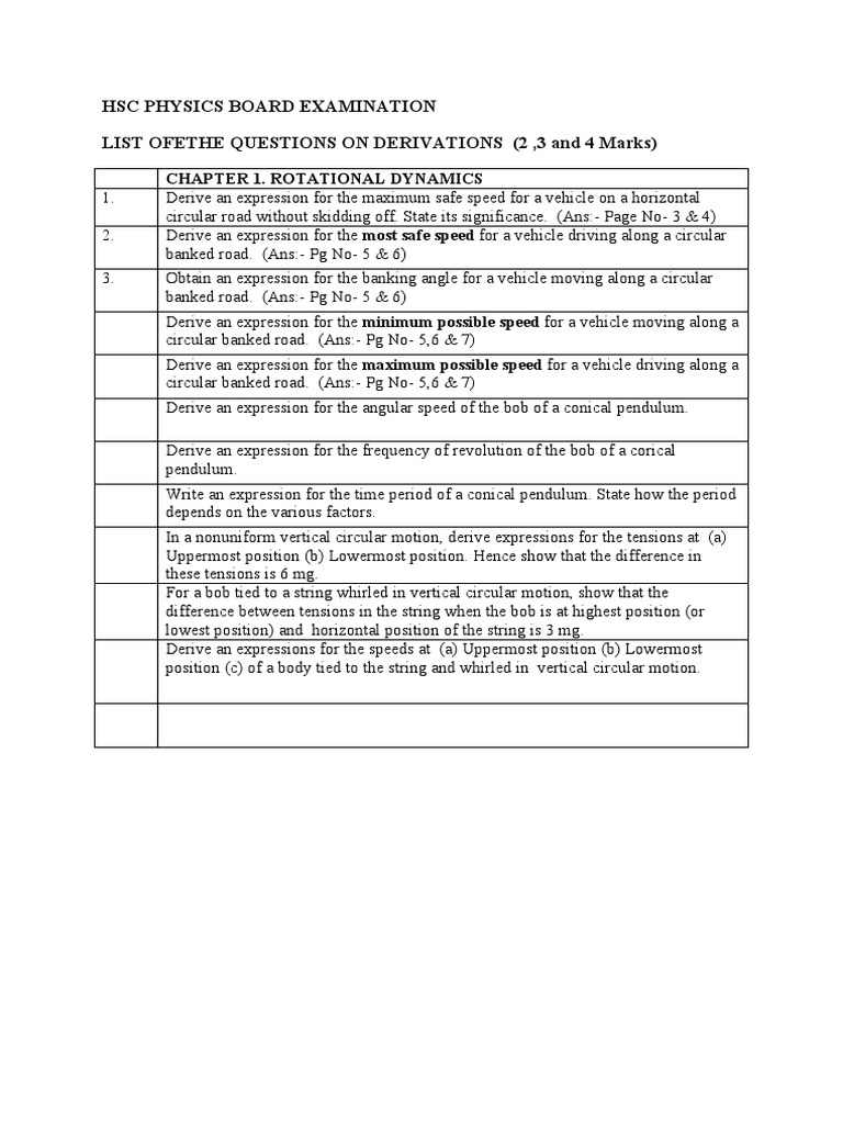 HSC Physics Board Examination List Ofethe Questions On Derivations (2 ...