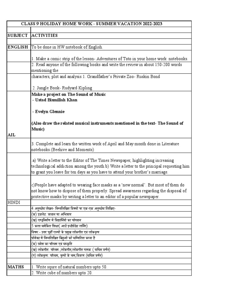 Holiday Homework Class 9 | PDF | Mathematics