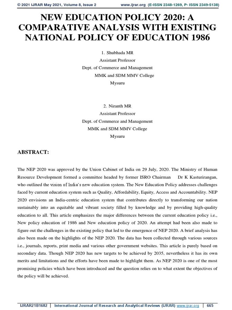 New Education Policy 2020: A Comparative Analysis With Existing ...