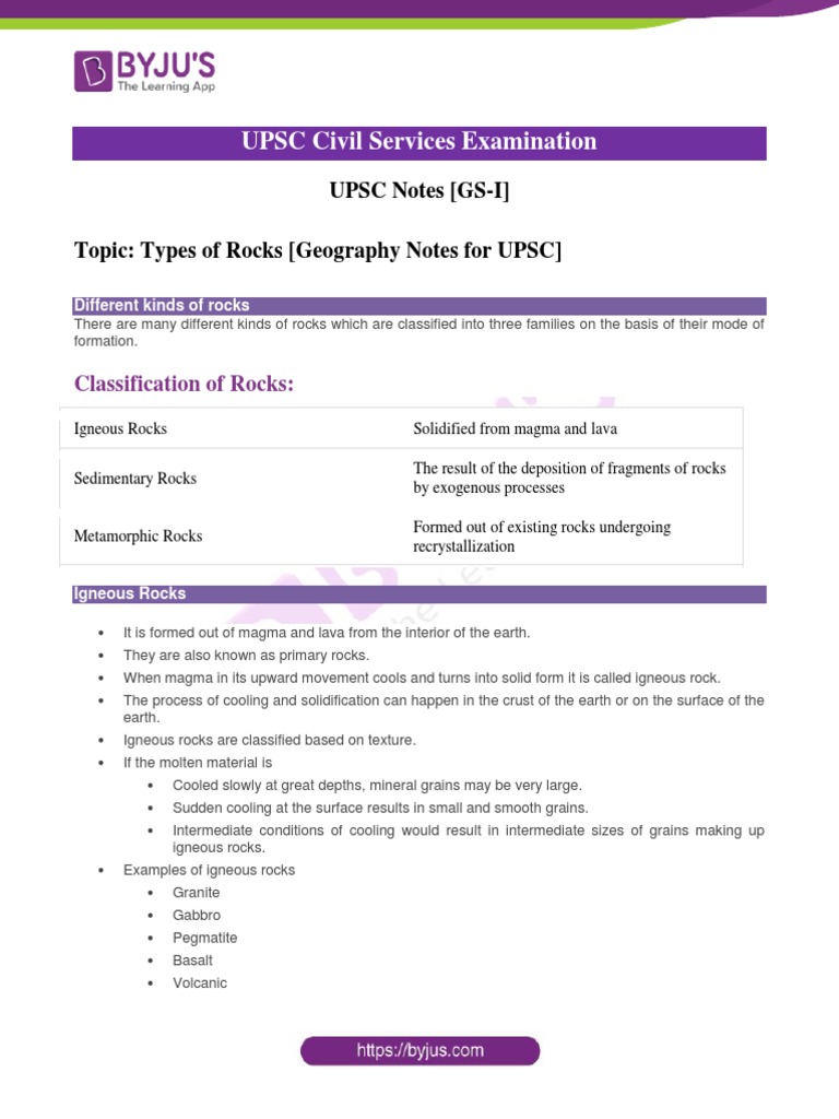 Types of Rocks Geography Notes For UPSC | PDF | Rock (Geology ...