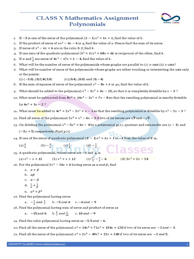 Class 10 Polynomials Assignment | PDF | Polynomial | Zero Of A Function