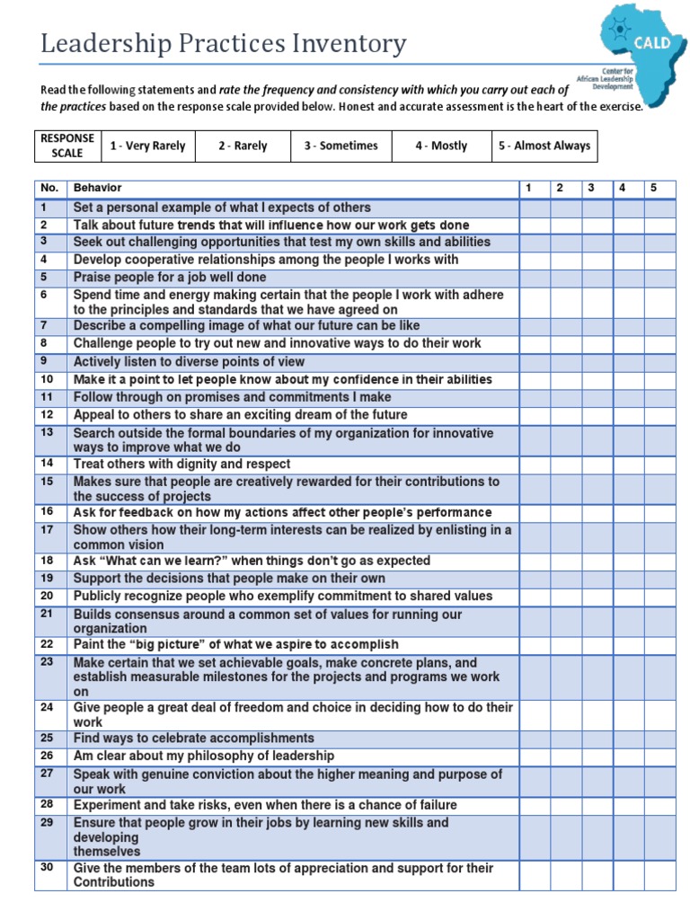 Leadership Practices Inventory: Response Scale 1 - Very Rarely 2 ...
