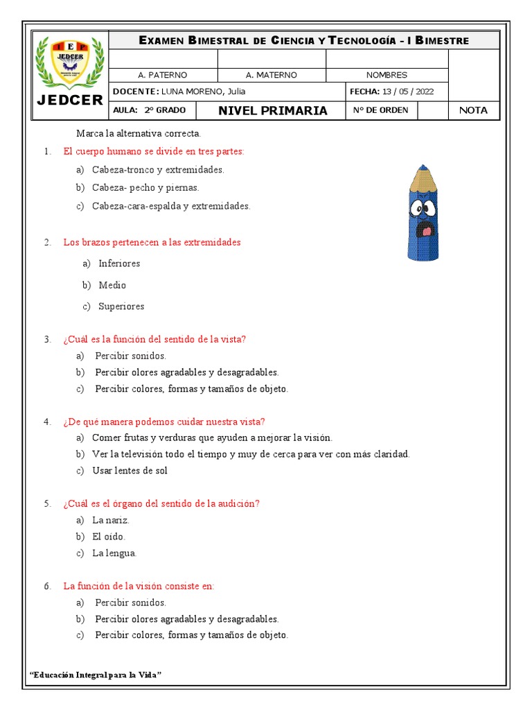 EXAMEN DE Ciencia 2 GRADO PRIMARIA | PDF