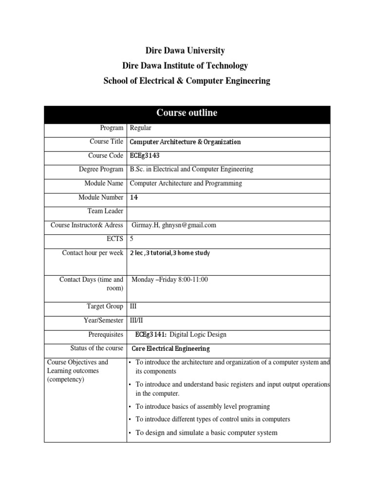 Course Outline: Dire Dawa University Dire Dawa Institute of Technology School of Electrical ...