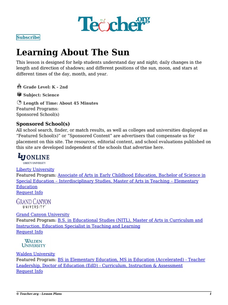 Finding The Sun | PDF | Lesson Plan | Teachers