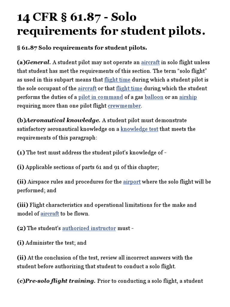 14 CFR 61.87 - Solo Requirements For Student Pilots. - CFR - US Law ...