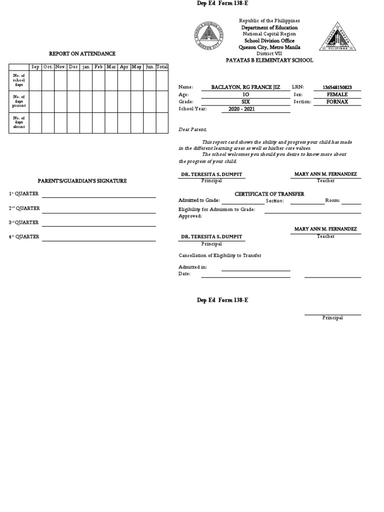 Form 138 Card | PDF | Philippines | Cognition