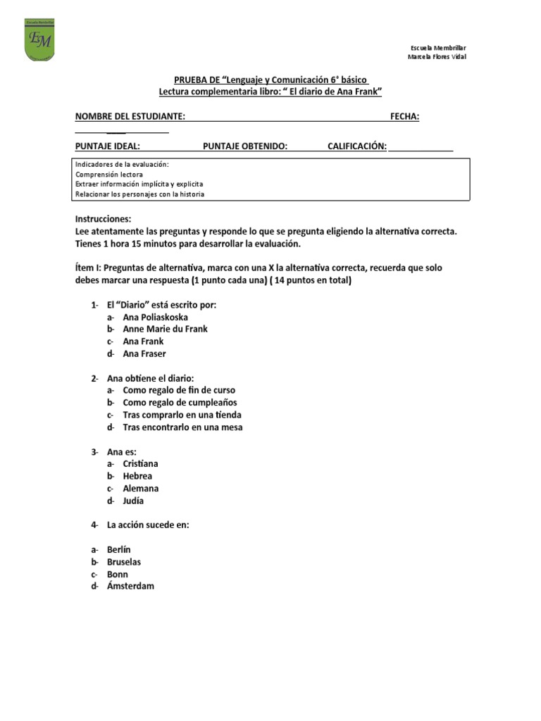 Prueba de Lectura Complementaria 6° | PDF | Anne Frank