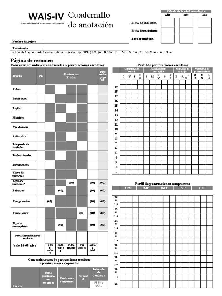 Plantilla WAIS-IV | PDF | Escala de inteligencia para adultos de Wechsler | Inteligencia