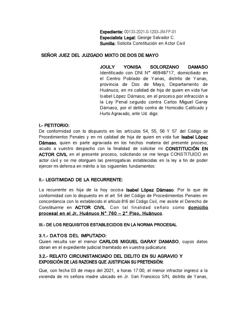 Escrito de Parte Civil | PDF | Procedimiento Criminal | Derecho penal