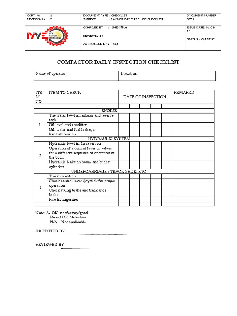 Compactor Daily Inspection Checklist | PDF