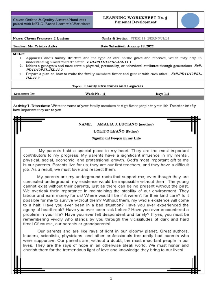 Cheena Francesca Luciano - Q2-PERDEV-WEEK 4-Worksheet | PDF | Family | Social Institutions