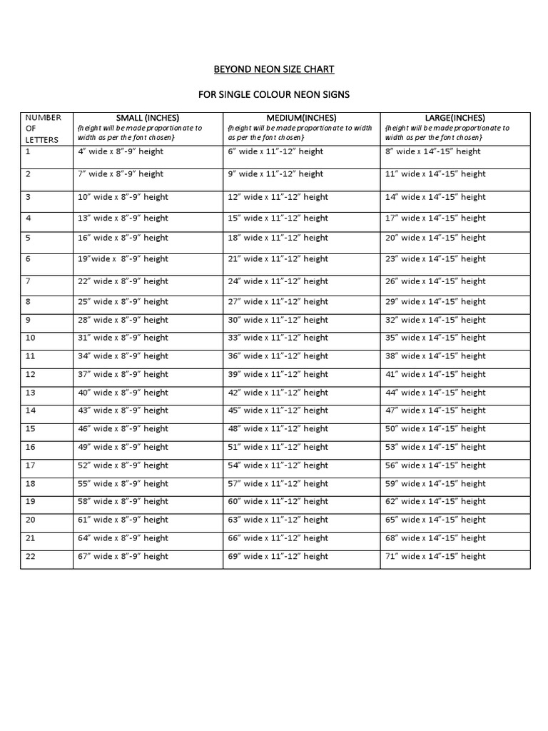 Neon Sign Size Chart for Single and Multicolour Signs | PDF | Writing ...