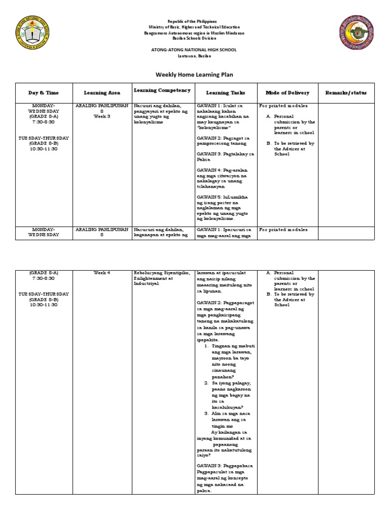 Weekly Home Learning Plan Compilation | PDF