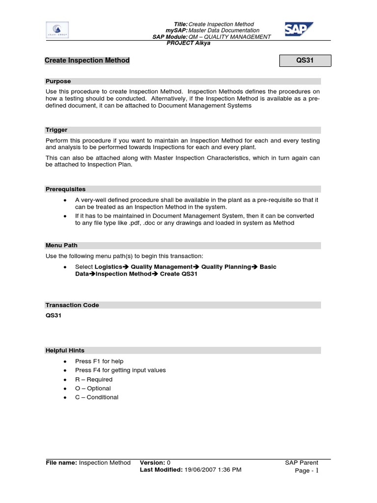 Create Inspection Method QS31: Purpose | PDF | Computer Science ...
