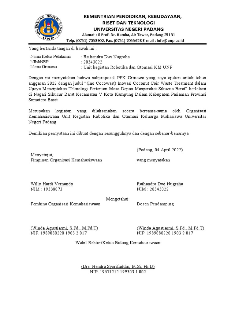 Surat Pernytaan Pelaksana PPK Ormawa 2022 UKRO | PDF | Seni