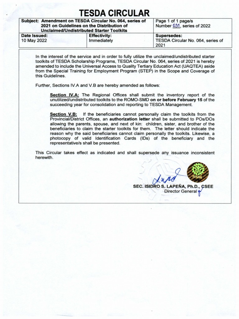 Amendment to TESDA Circular 031 Guidelines | PDF