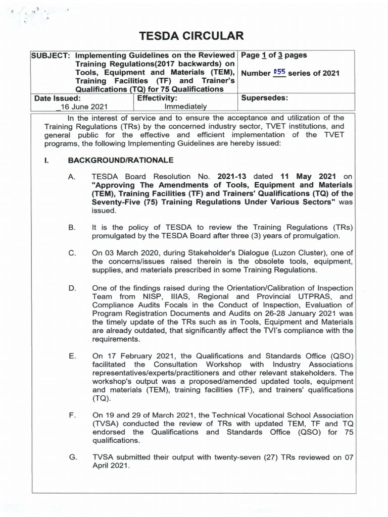 TESDA Circular No. 055-2021 | PDF | Welding | Construction