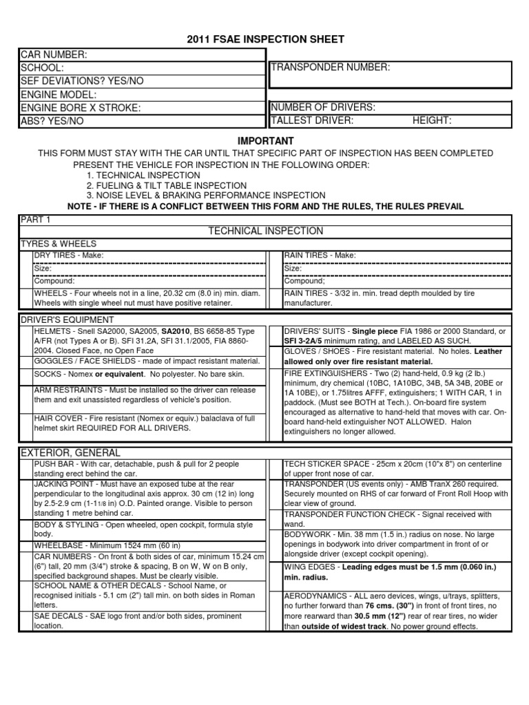 2011 Fsae Inspection Sheet: Car Number: School: Transponder Number ...