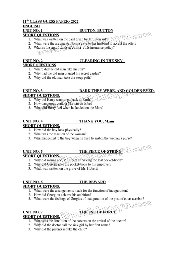 11th-CLASS-ENGLISH--GUESS-PAPER | PDF