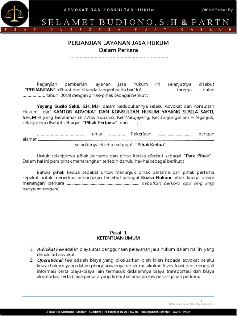 Perjanjian Layanan Jasa Hukum Advokat | PDF