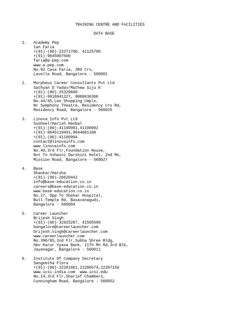 Training Centre Facilities Pdf