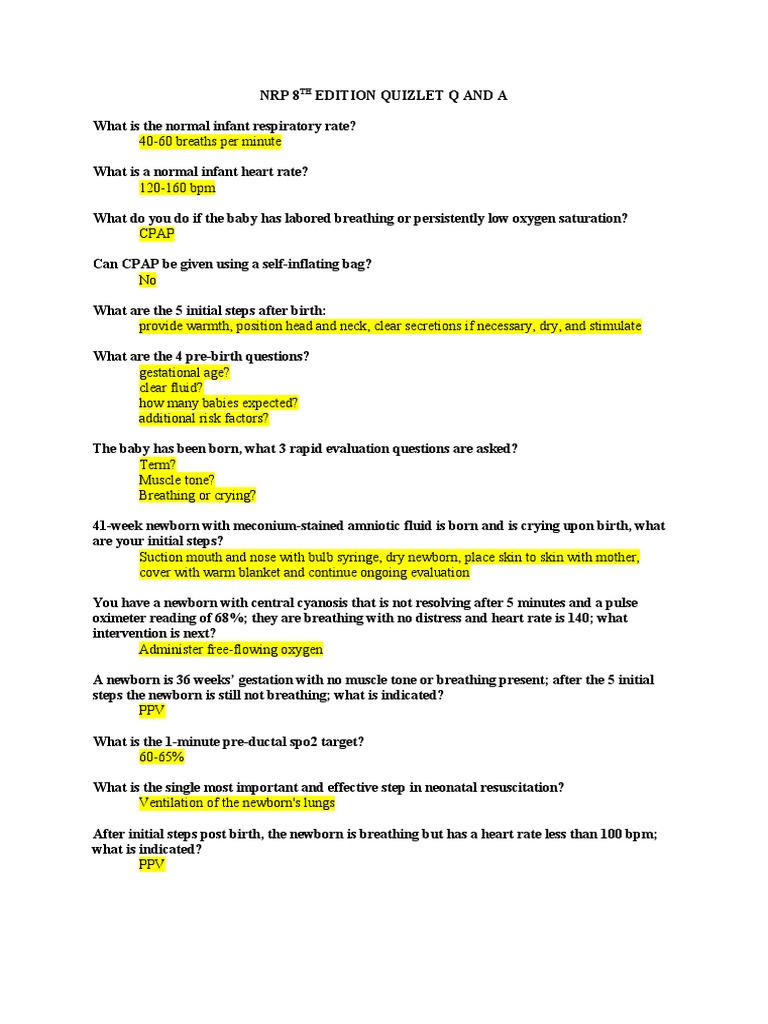 Quizlet NRP 8TH Edition | PDF | Cardiopulmonary Resuscitation | Heart Rate