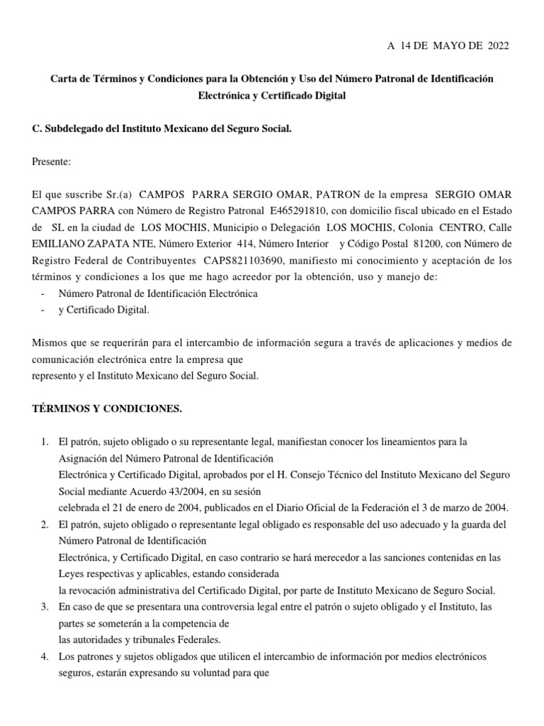 Carta de Términos y Condiciones para La Obtención y Uso Del Número Patronal de Identificación ...