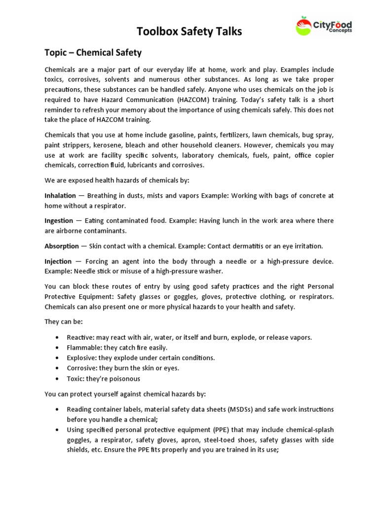Toolbox Safety Talks - Chemical Safety | PDF | Personal Protective Equipment | Occupational ...