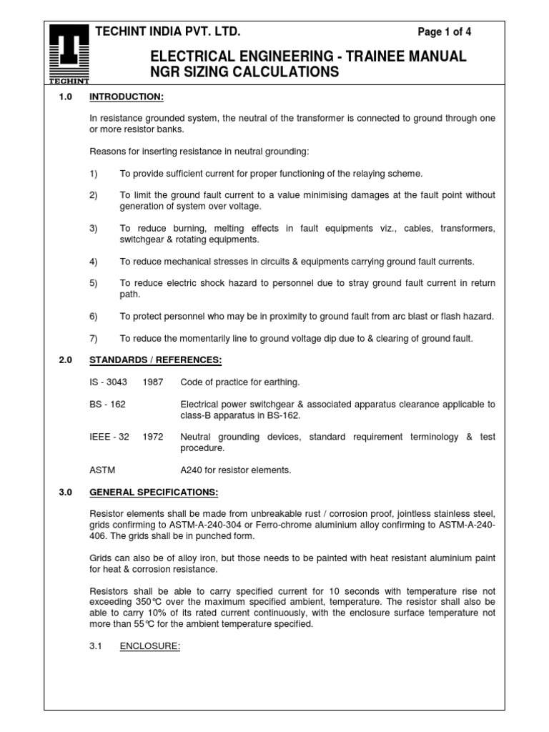 NGR Sizing Calculations Manual | PDF | Resistor | Transformer