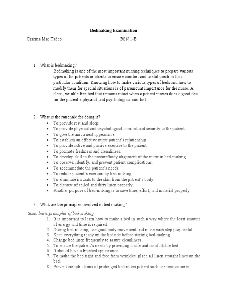 Bedmaking Examination: Some Basic Principles of Bed-Making | PDF ...
