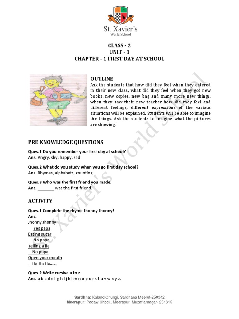 Class - 2 Unit - 1 Chapter - 1 First Day at School Outline | PDF