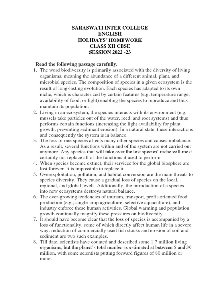 ENGLISH Holidays' Homework Class 12 CBSE | PDF | Biodiversity | Ecosystem