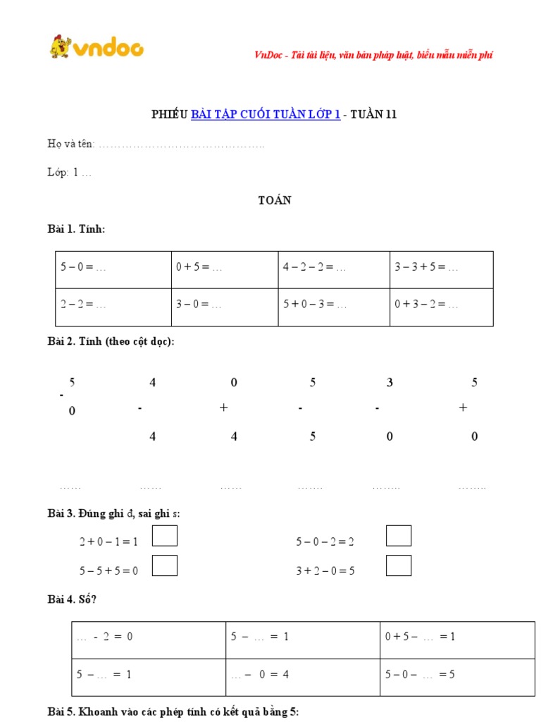 Phieu Bai Tap Cuoi Tuan Lop 1 Tuan 11 | PDF